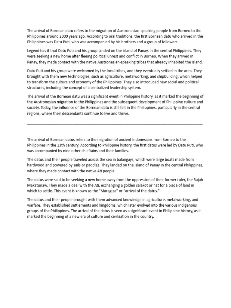 The Arrival of Bornean Datu Refers To The Migration of Austronesian ...