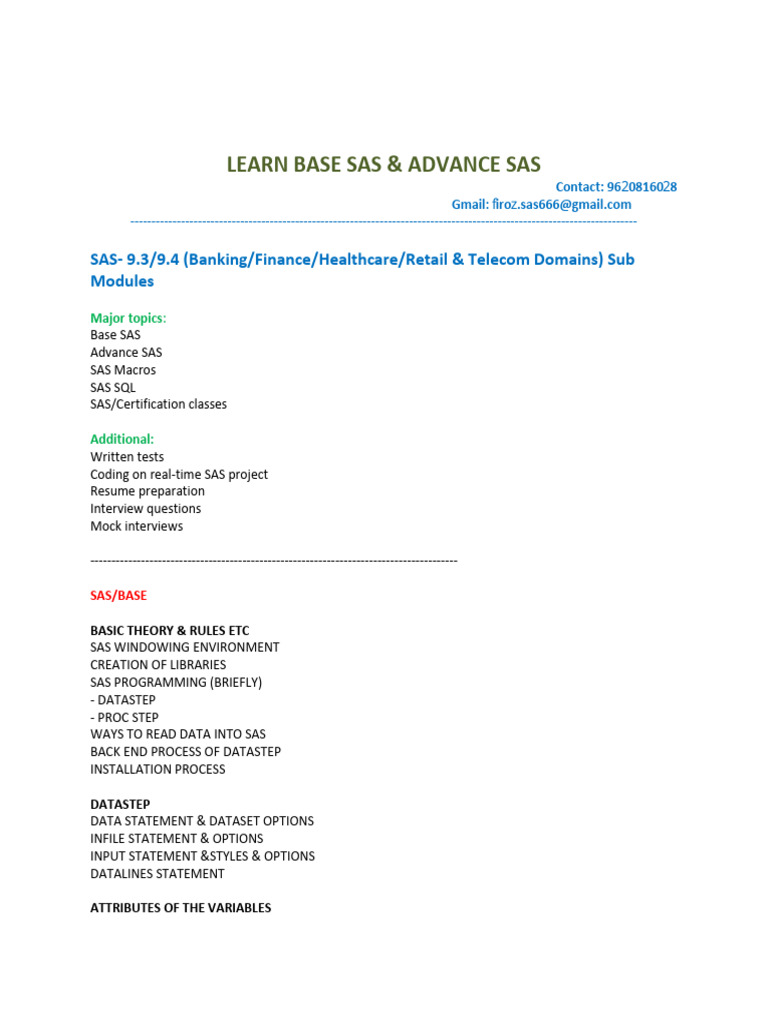 Base Sas And Advance Sas Course Content Pdf Sas Software Sql