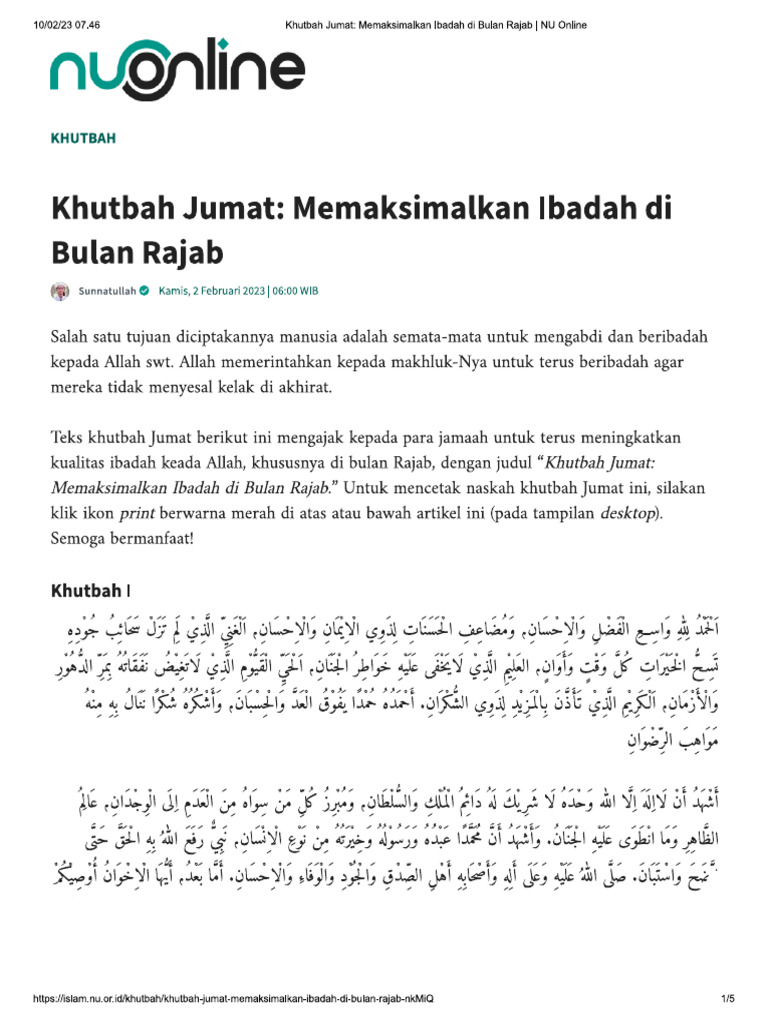 Khutbah Jumat - Memaksimalkan Ibadah Di Bulan Rajab - NU Online | PDF