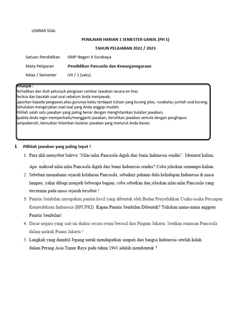 PH 1 PKN Kelas 7 Bab 1 | PDF