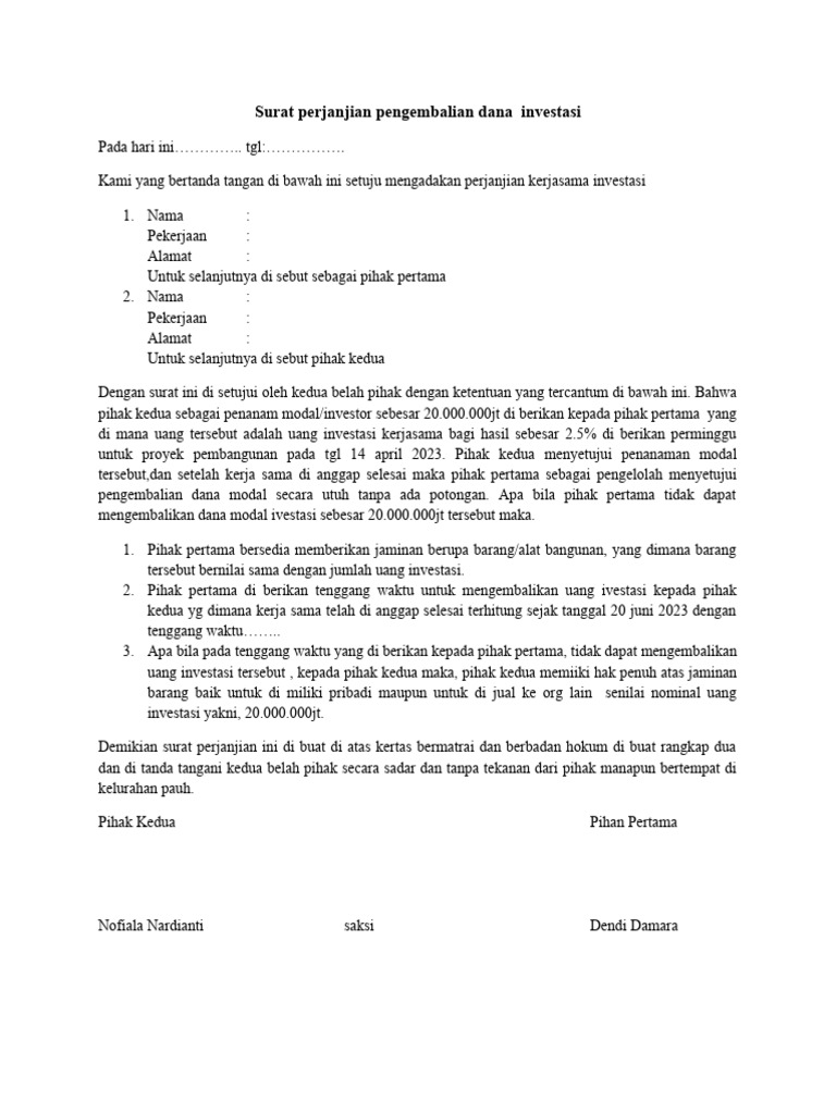 Surat Perjanjian Pengembalian Dana Investasi | PDF