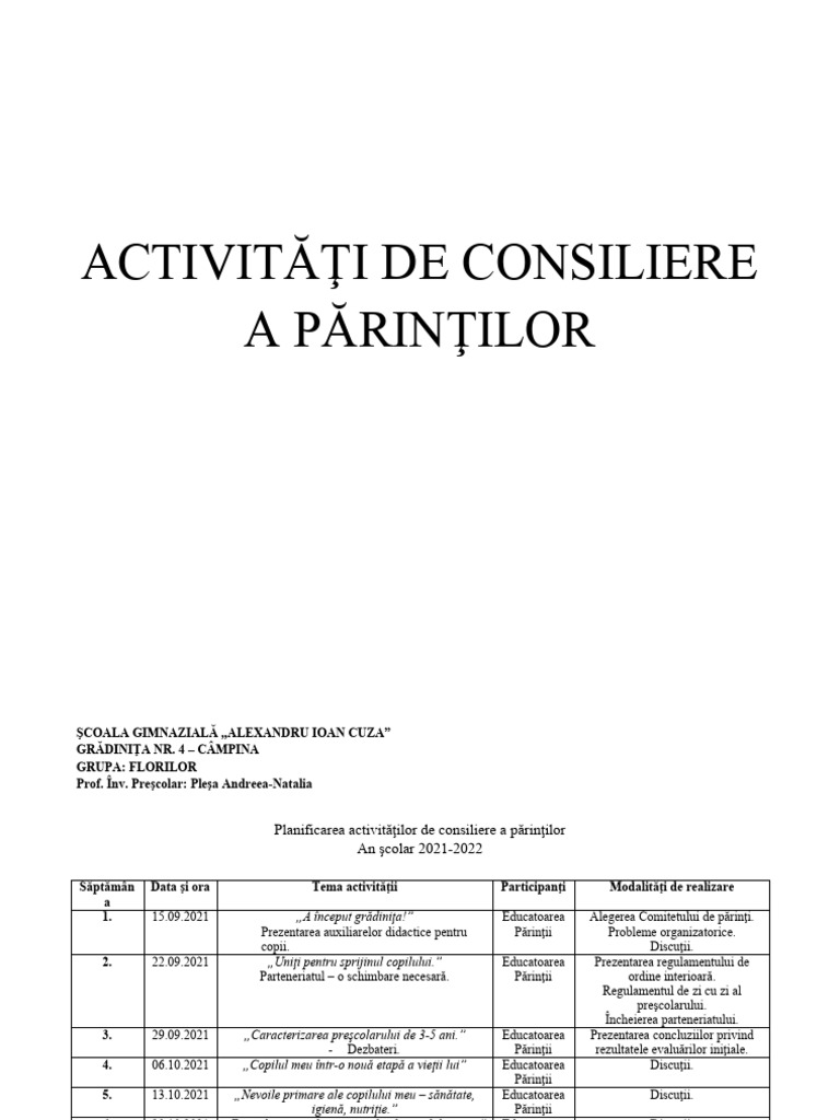 Activitati de Consiliere A Parintilor | PDF