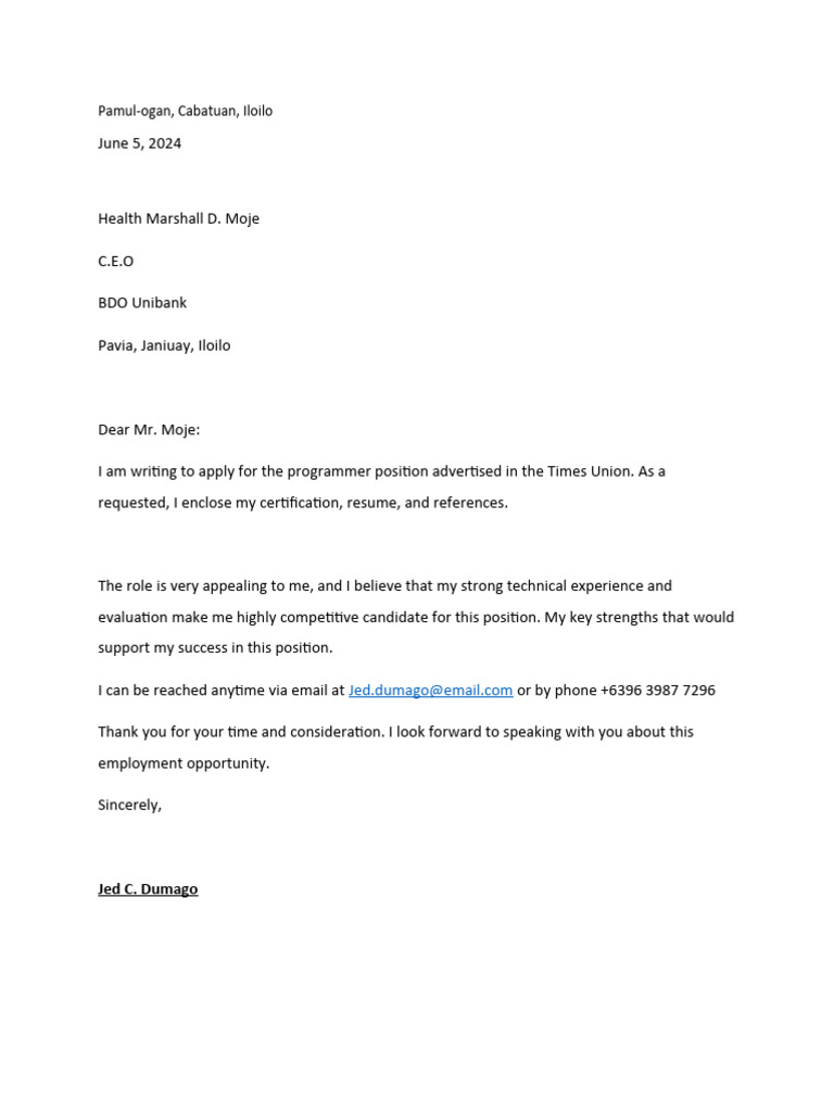 Application Letter Jed Dumago | PDF