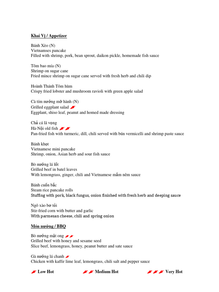 Vietnamese A La Carte Menu and Setmenu | PDF | Vietnamese Cuisine | Scallion