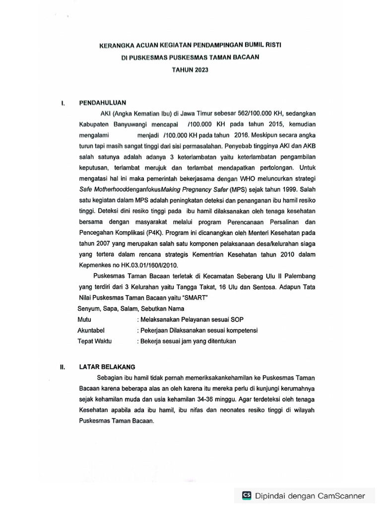 Kerangka Acuan Kegiatan Pendampingan Bumil Risti Tahun 2023 | PDF