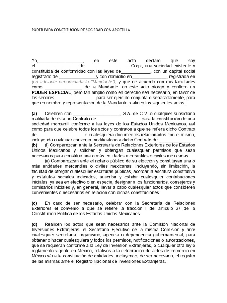 Poder para Constitución de Sociedad Con Apostilla | PDF