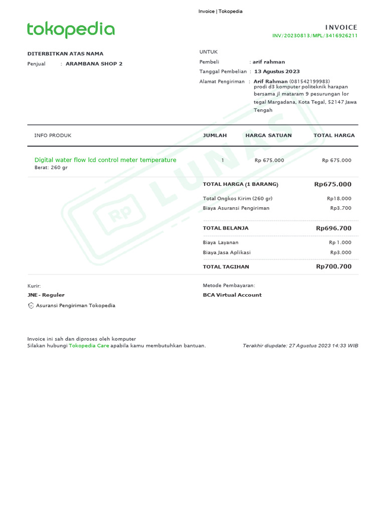 Invoice - Tokopedia - Water Flow | PDF