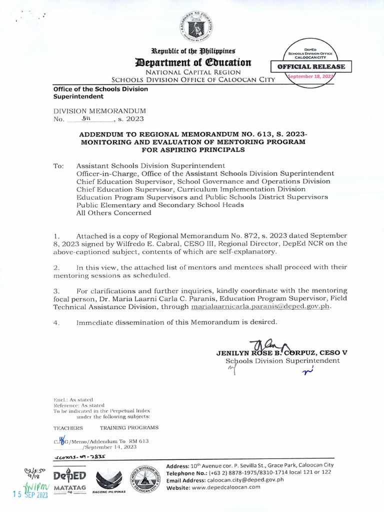 DM No. 511, S. 2023 - Addendum To Regional Memorandum No. 613, S. 2023 ...