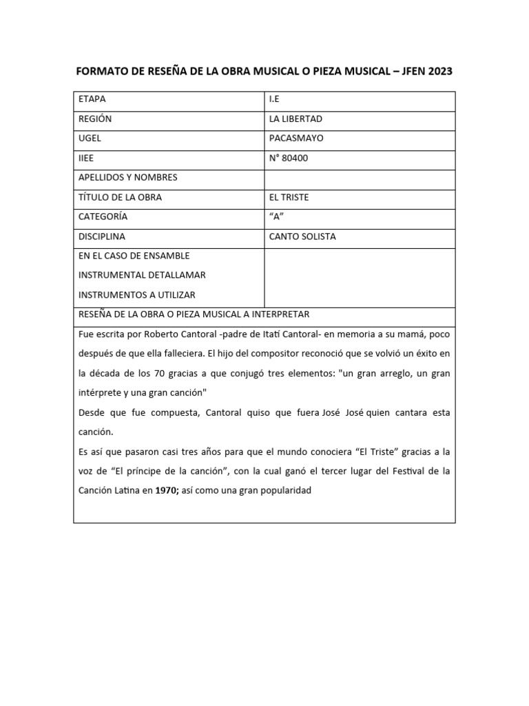 Formato de Reseña de La Obra Musical o Pieza Musical | PDF