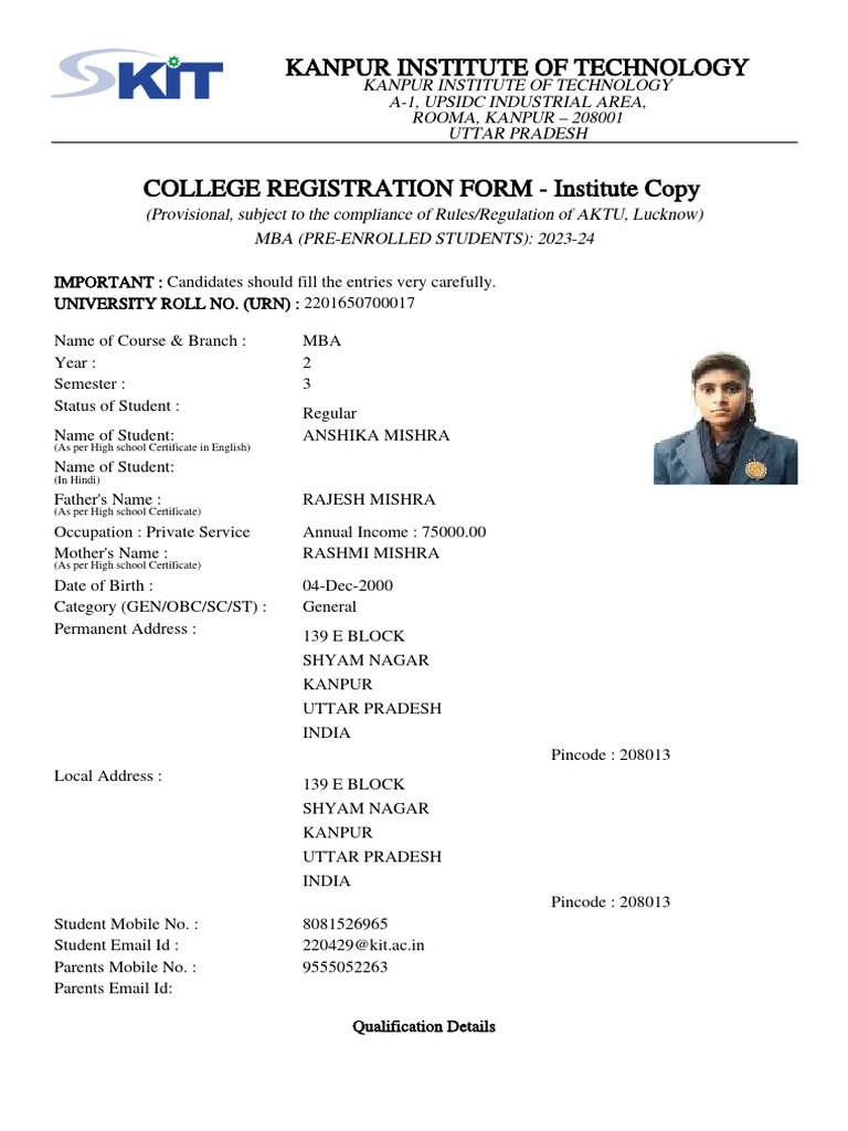MBA Registration Form 2023-24 | PDF