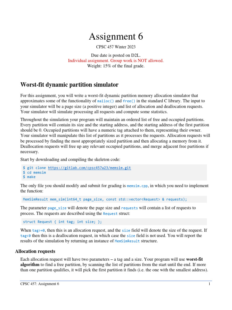 Assignment 6: Worst-Fit Dynamic Partition Simulator | PDF