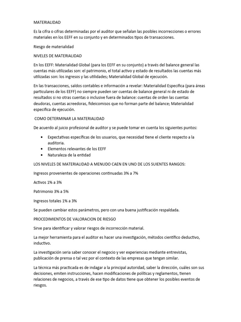 Niveles y Riesgos de Materialidad en Auditoría | PDF | Contralor ...