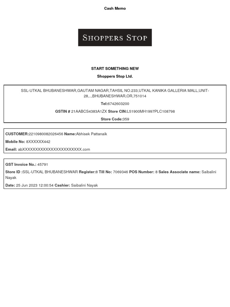 Shoppersstop Receipt 123430346914 | PDF | Service Industries | Payments