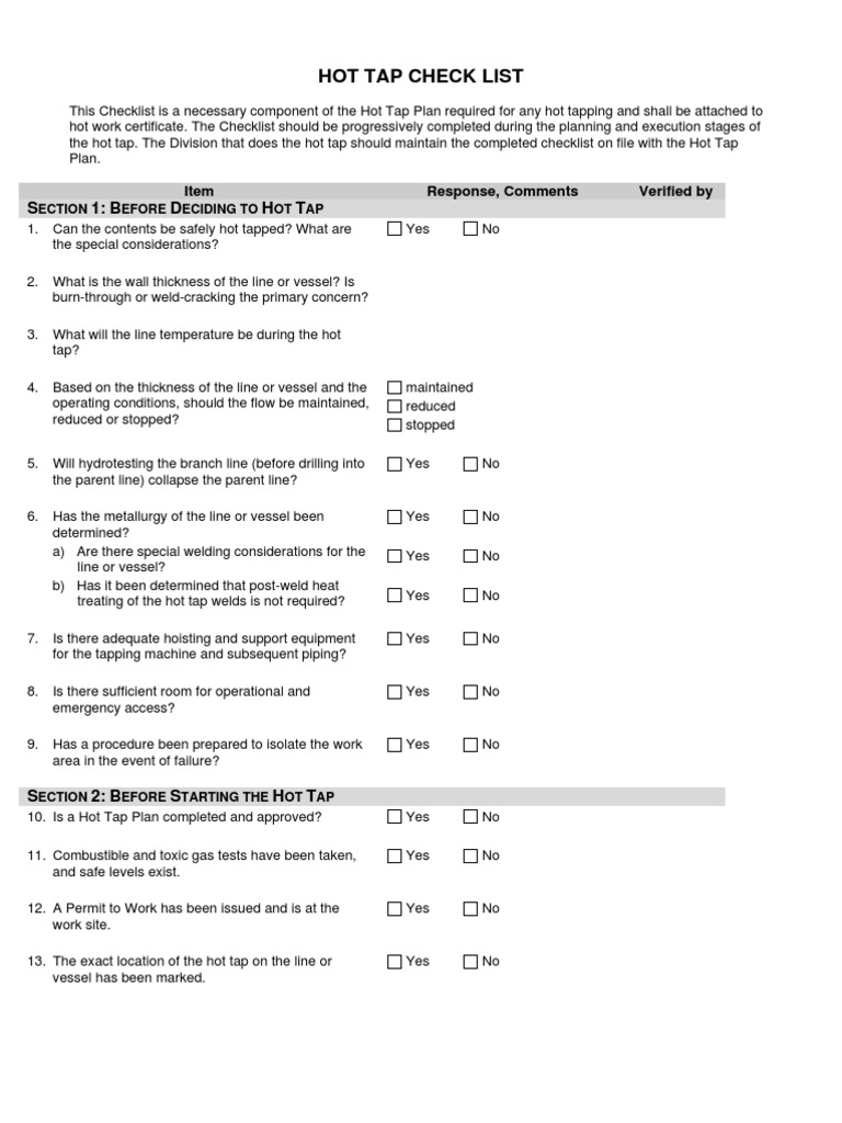Hot Tap Check List | PDF | Tap (Valve) | Valve