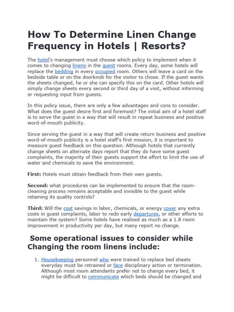 How To Determine Linen Change Frequency in Hotels1 | PDF
