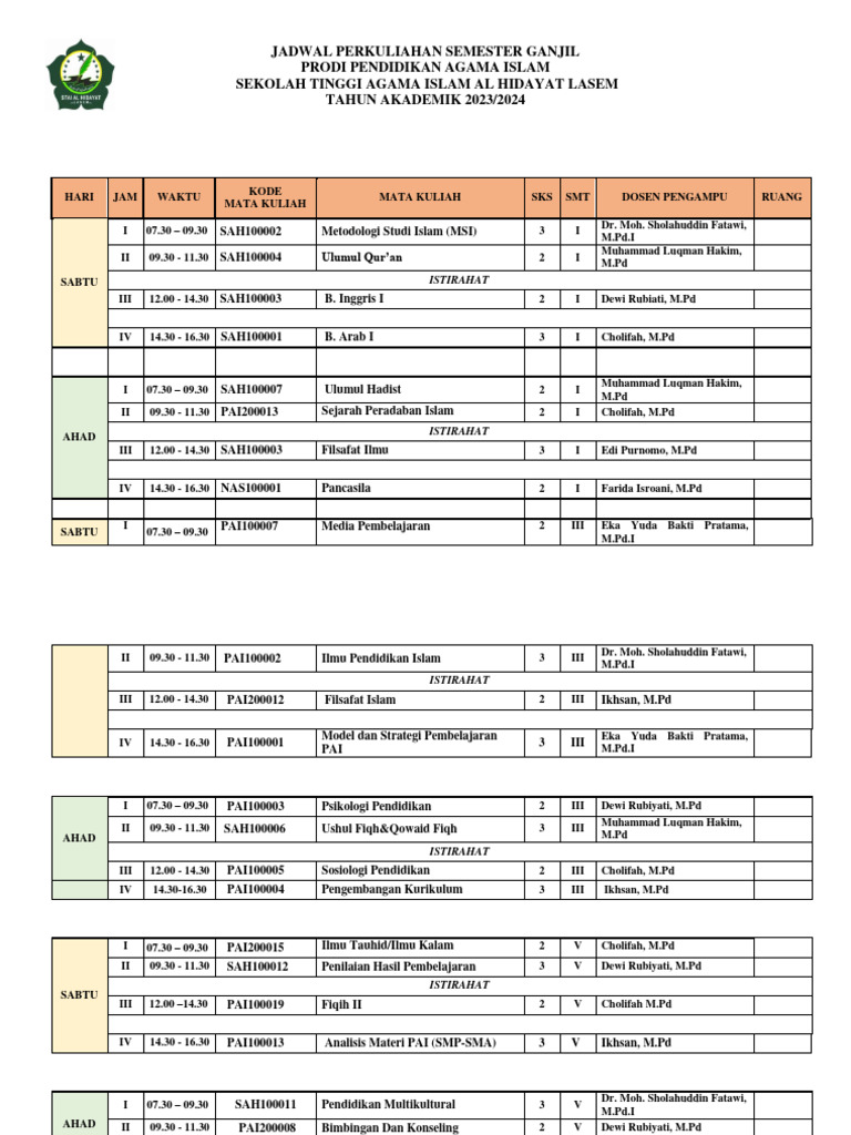 Jadwal PAI SMT Ganjil 2023, 2024 | PDF | Ilmu Sosial | Agama & Spiritualitas