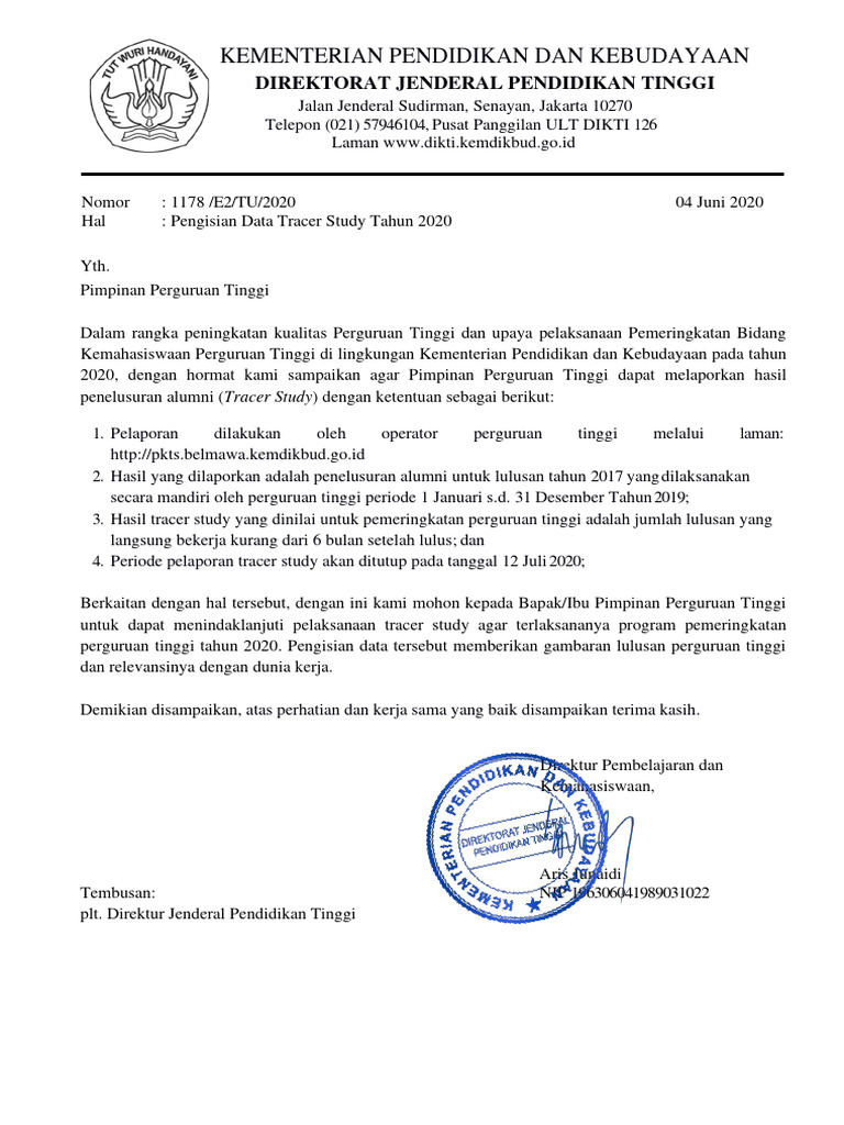Surat Pengantar Pelaporan Tracer Study Tahun 2020 | PDF