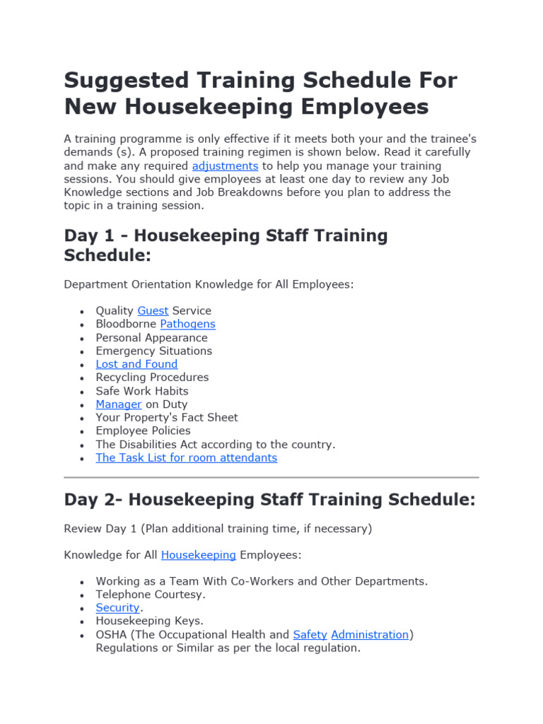 Suggested Training Schedule For New Housekeeping Employees | PDF