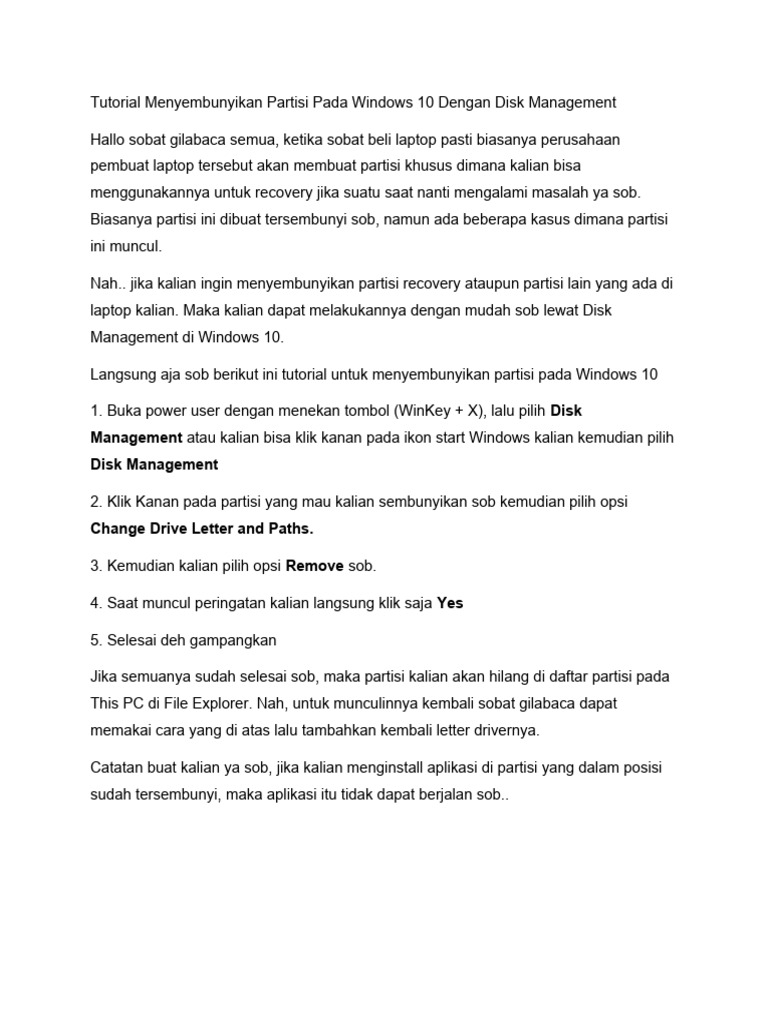 Tutorial Menyembunyikan Partisi Pada Windows 10 Dengan Disk Management | PDF