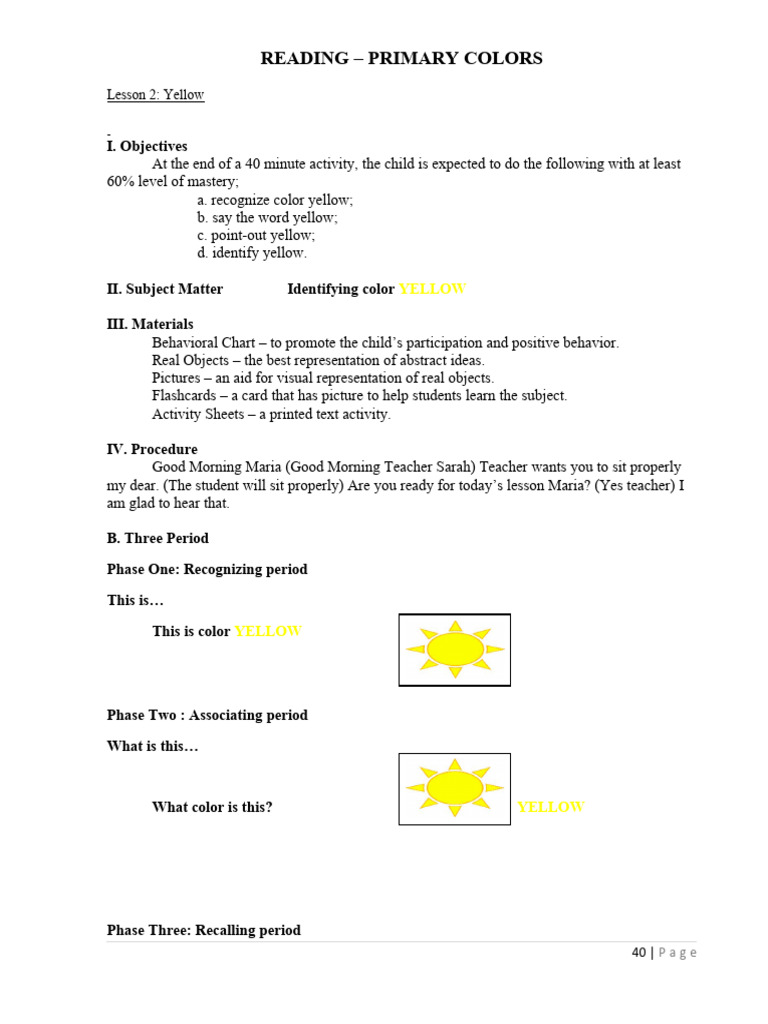 Three Period lesson Plan-Color YELLOW | PDF