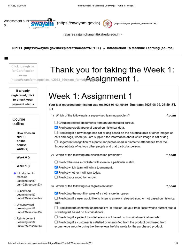 Introduction To Machine Learning - Unit 3 - Week 1 | PDF