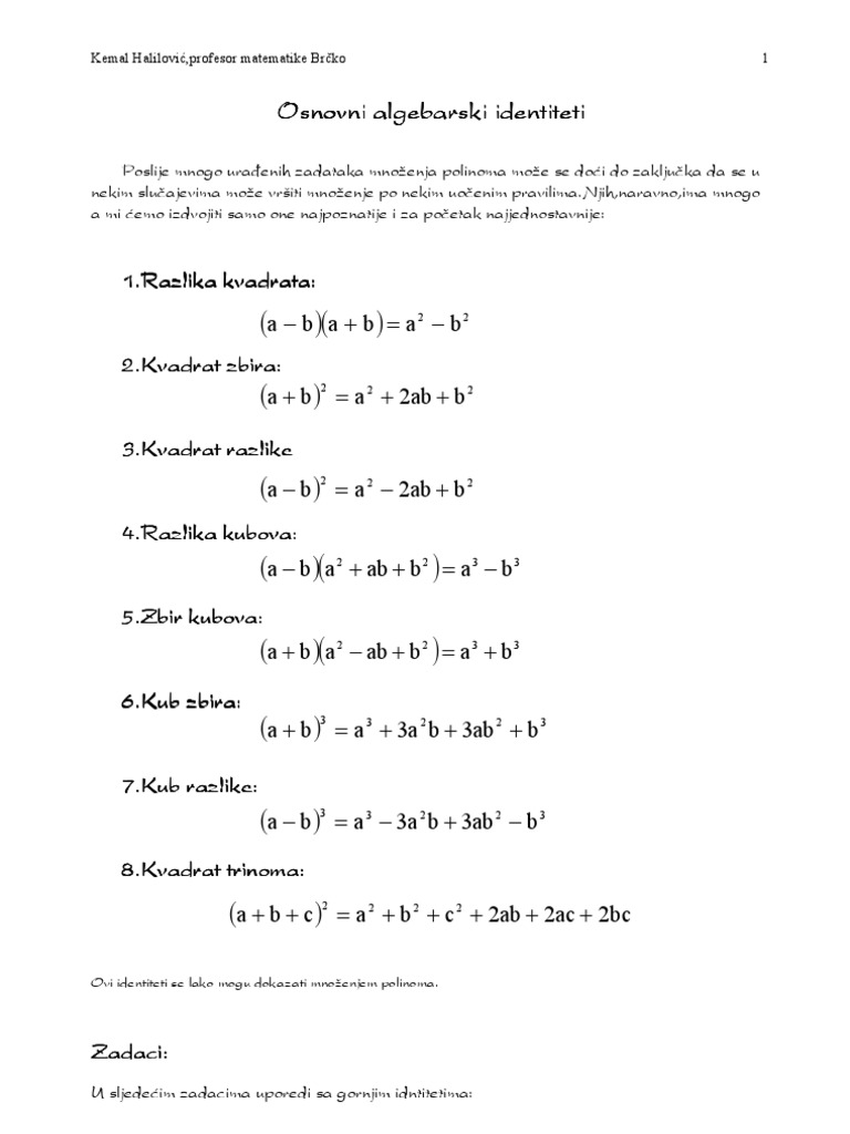 Osnovni Algebarski Identiteti | PDF