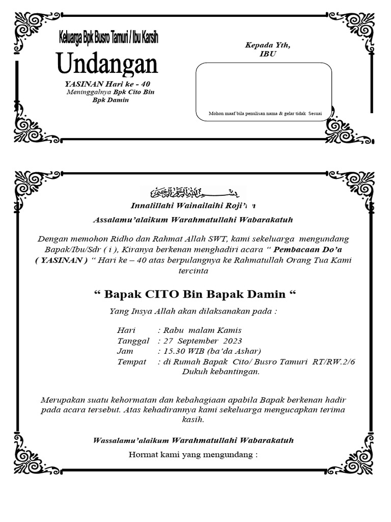 Contoh Undangan Tahlilan 40 Hari Meningg | PDF