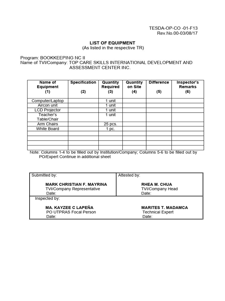 List of Equiptment For Bookkeeping Nc2 | PDF | Technology & Engineering