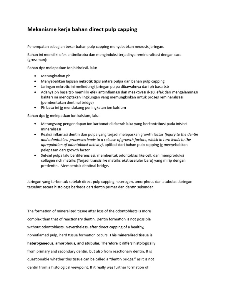 Mekanisme kerja bahan direct pulp capping | PDF