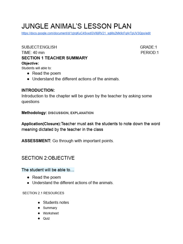 Jungle Animals Lesson Plan for Grade 1 | PDF
