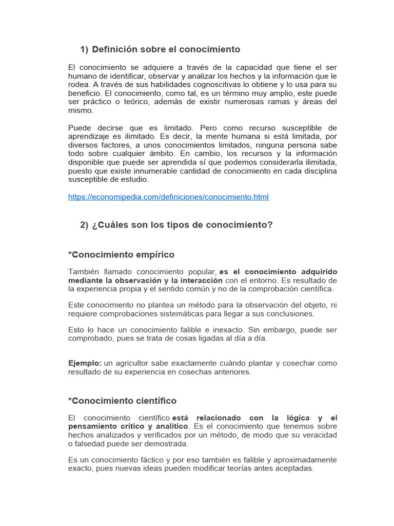 Tipos y Definiciones de Conocimiento | PDF