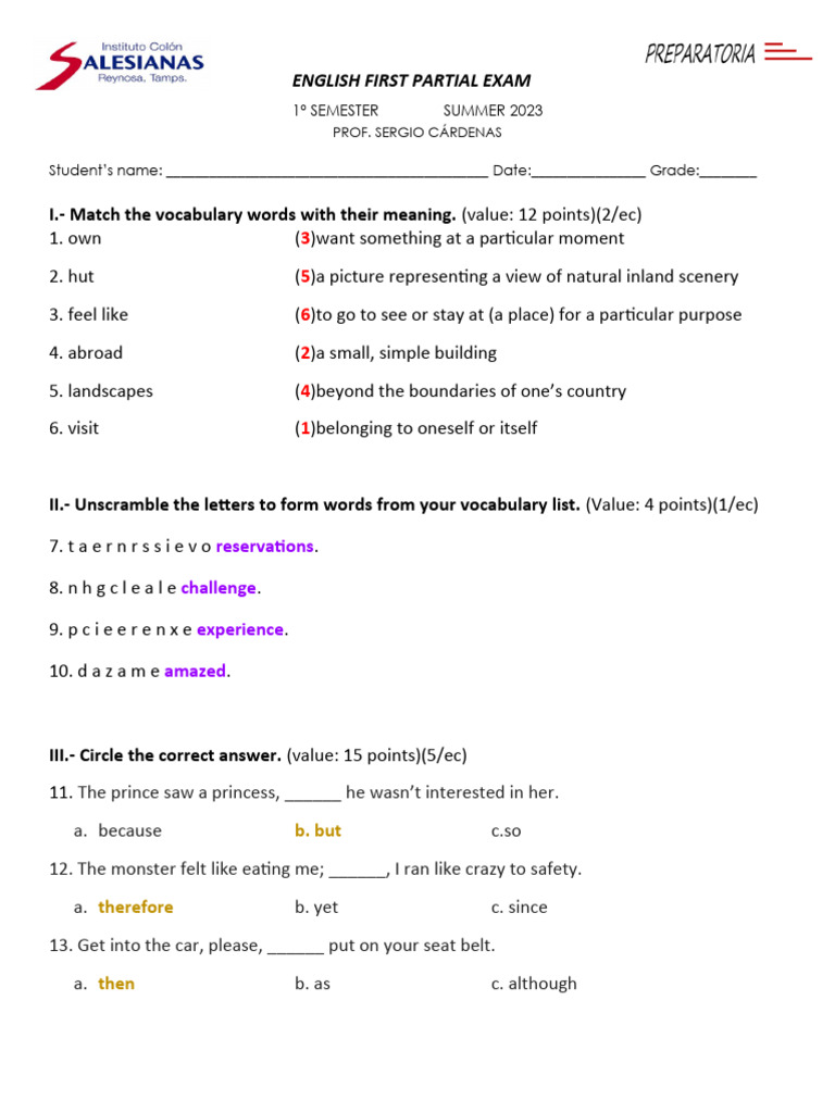 1st Semester ENGLISH FIRST PARTIAL EXAM ANSWERS | PDF