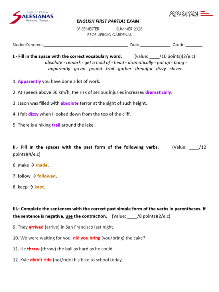 3rd Semester ENGLISH FIRST PARTIAL EXAM ANSWERS | PDF