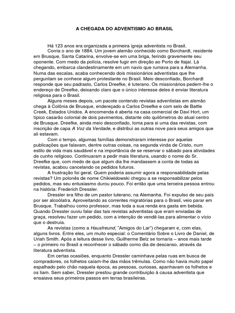 Adventismo no Brasil: História e Início | PDF | Igreja Adventista do ...