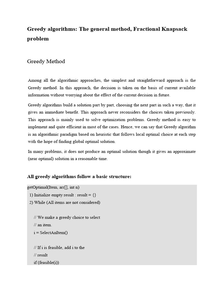 4.4 Greedy Algorithms The General Method, Fractional Knapsack Problem | PDF