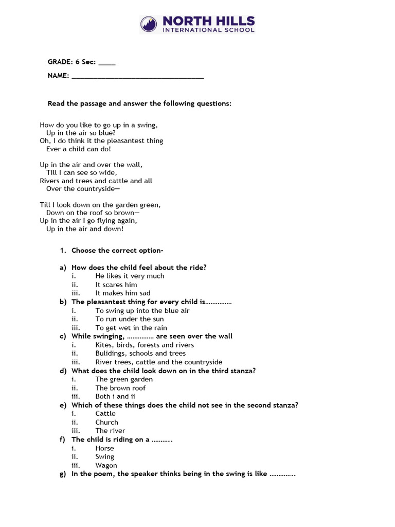 The Swing Worksheet gr.5 | PDF