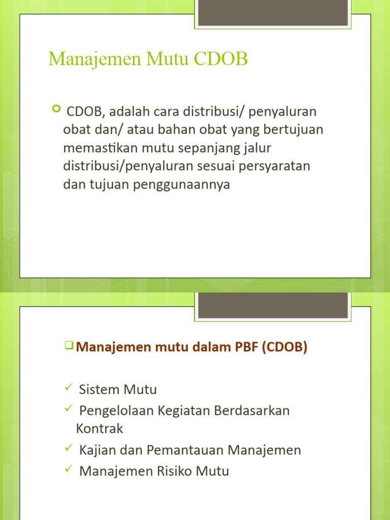Manajemen Mutu dalam CDOB Farmasi | PDF