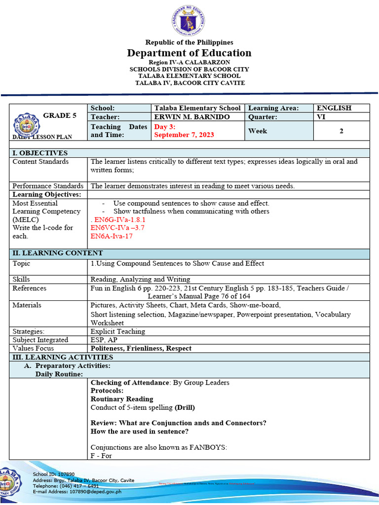 Grade 5 English Lesson Plan: Compound Sentences | PDF | Learning ...