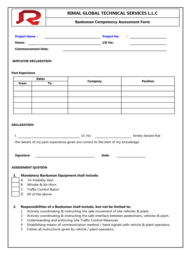 Banksman Competency Assessment Form | PDF | Traffic | Vehicles