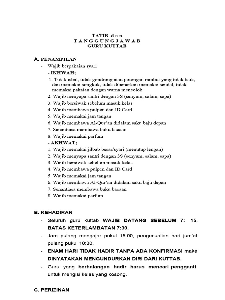 Tatib Guru Kuttab Nurul Wahyain 2023-2024 | PDF