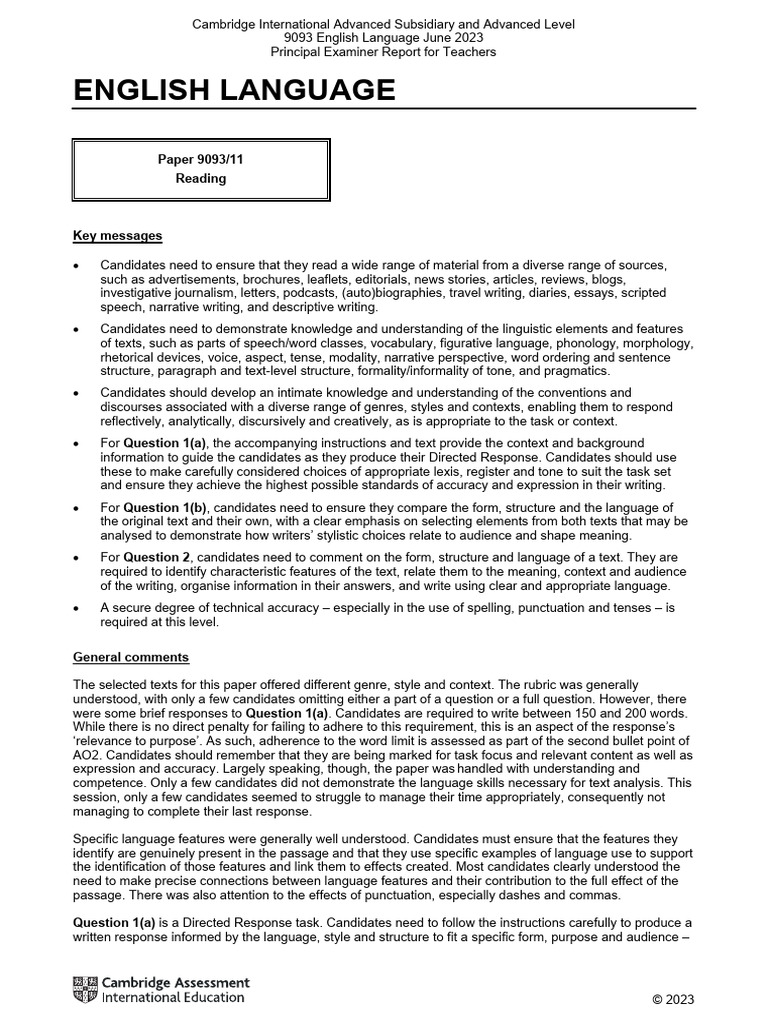 9093 s23 Er Examiners Report | PDF | Linguistics | Narrative