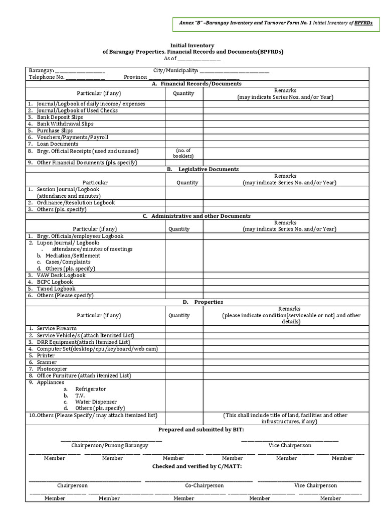 Barangay Inventory and Turnover Form No. 1 Initial Inventory of BPFRDs Annex B | PDF