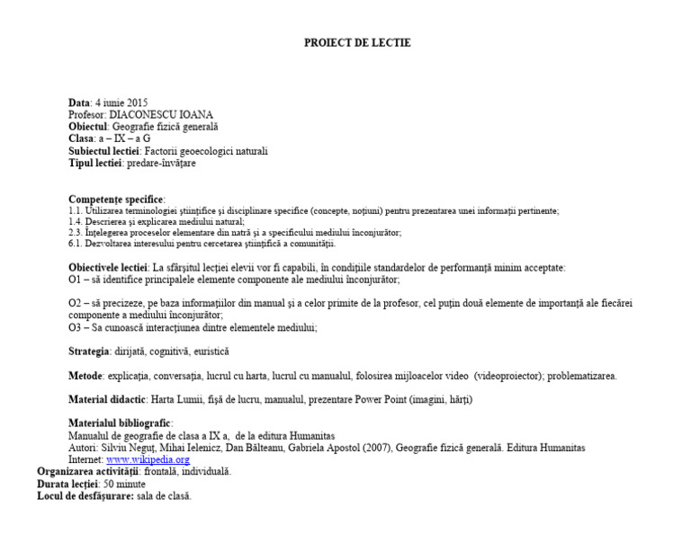 PROIECT DE LECTIE Clasa A IX A, Sava | PDF