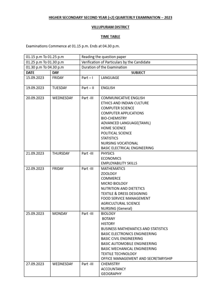 Villupuram District Exam Timetable 2023 | PDF | Engineering | Science