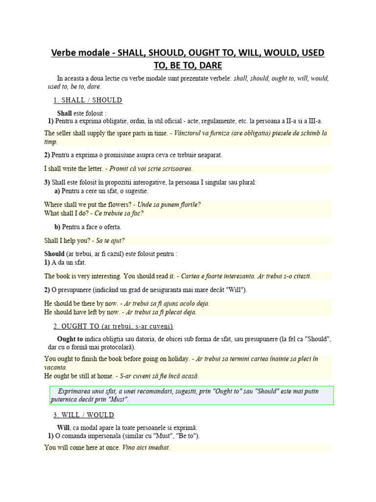 Verbe Modale - SHALL, SHOULD, OUGHT TO, WILL, WOULD, USED TO, BE TO, DARE | PDF
