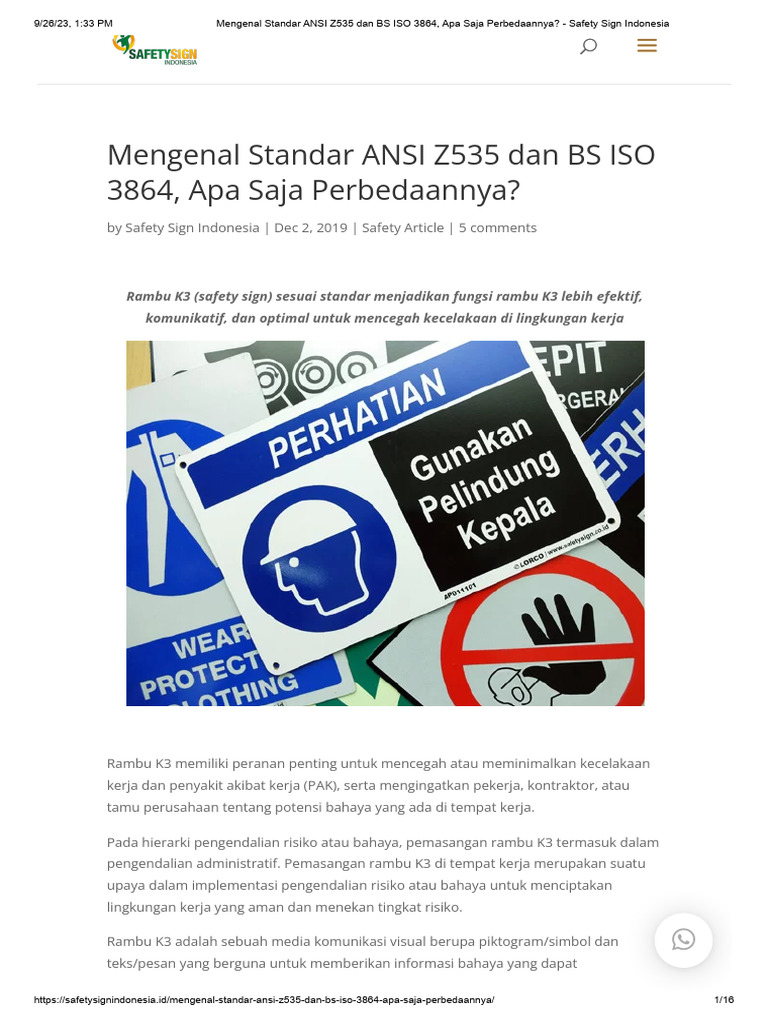 Mengenal Standar ANSI Z535 Dan BS ISO 3864, Apa Saja Perbedaannya - Safety Sign Indonesia | PDF ...
