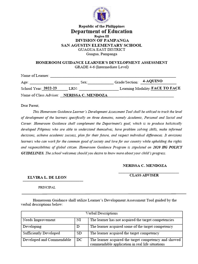 Homeroom Guidance Assessment Tool Grades 4-6 | PDF | Learning ...