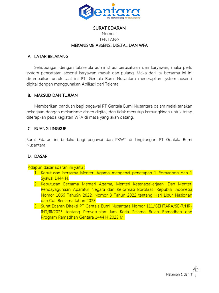 Se Pelaksanaan Absensi Digital Dan Wfa PT Gentala Bumi Nusantara | PDF