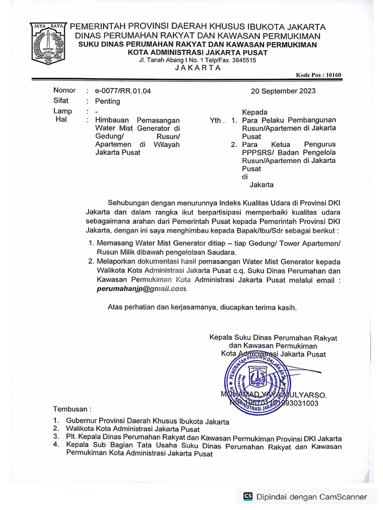 Himbauan Pemasangan Water Mist Generator | PDF