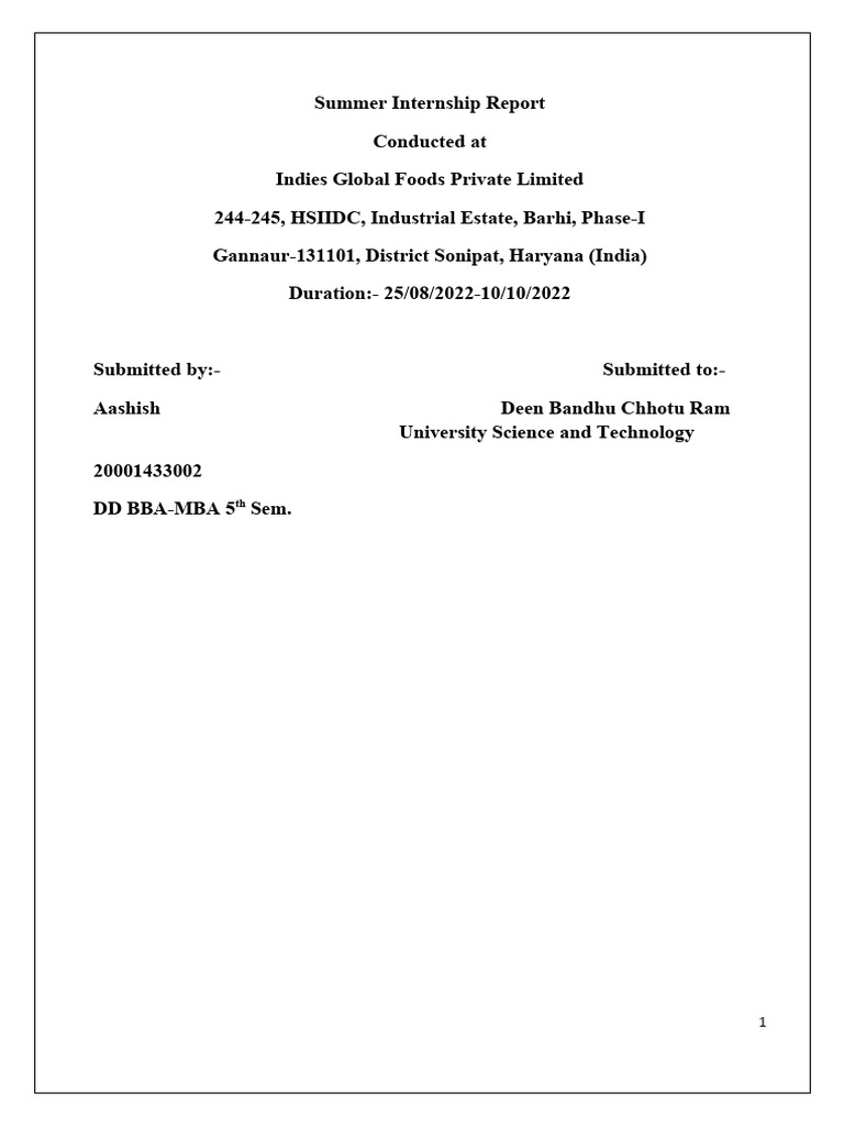 BBA Internship at Indies Global Foods | PDF